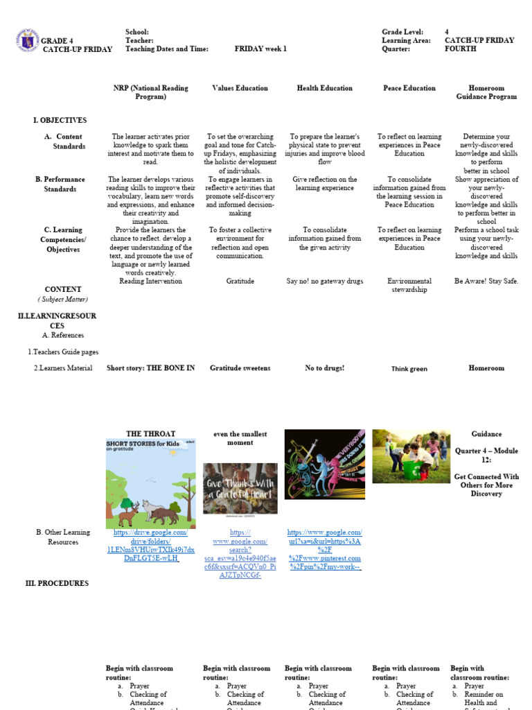 Grade 4 Week 1 DLL | PDF | Learning | Brainstorming