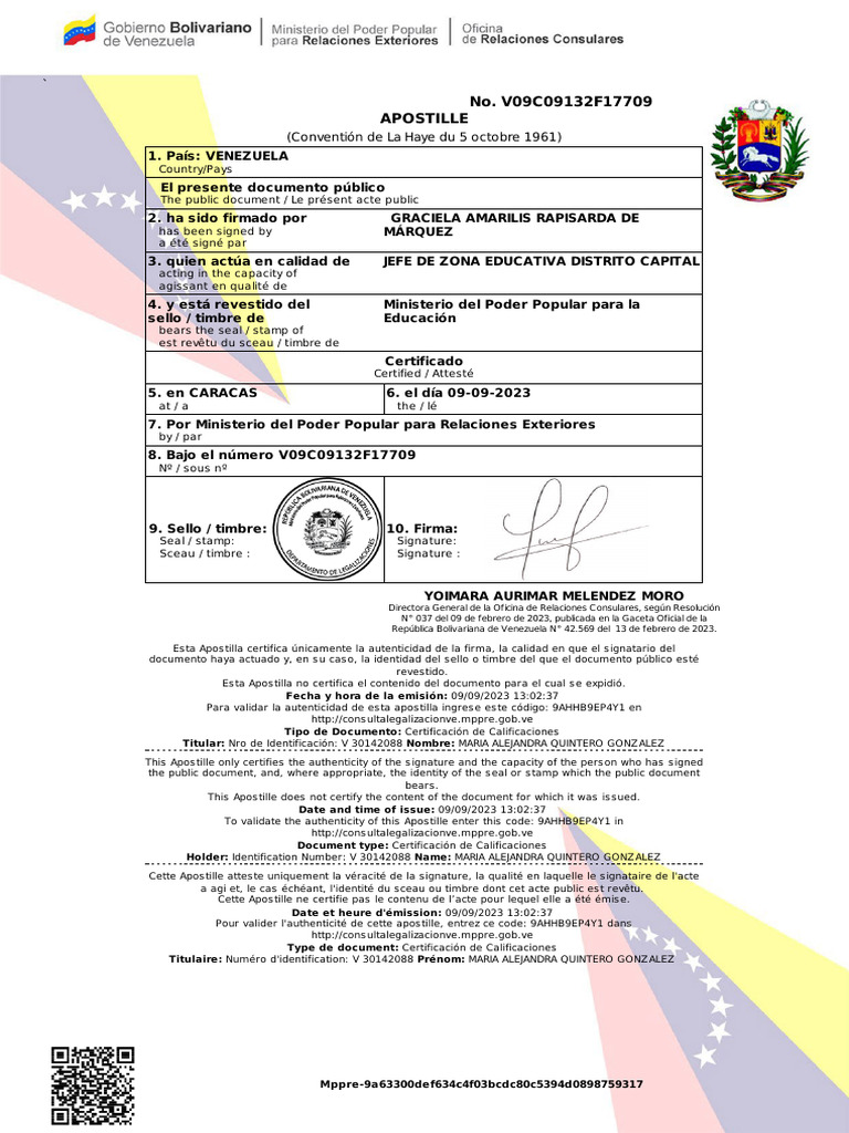 Certificado Apostilla Notas Certificadas - Maria Quintero | PDF