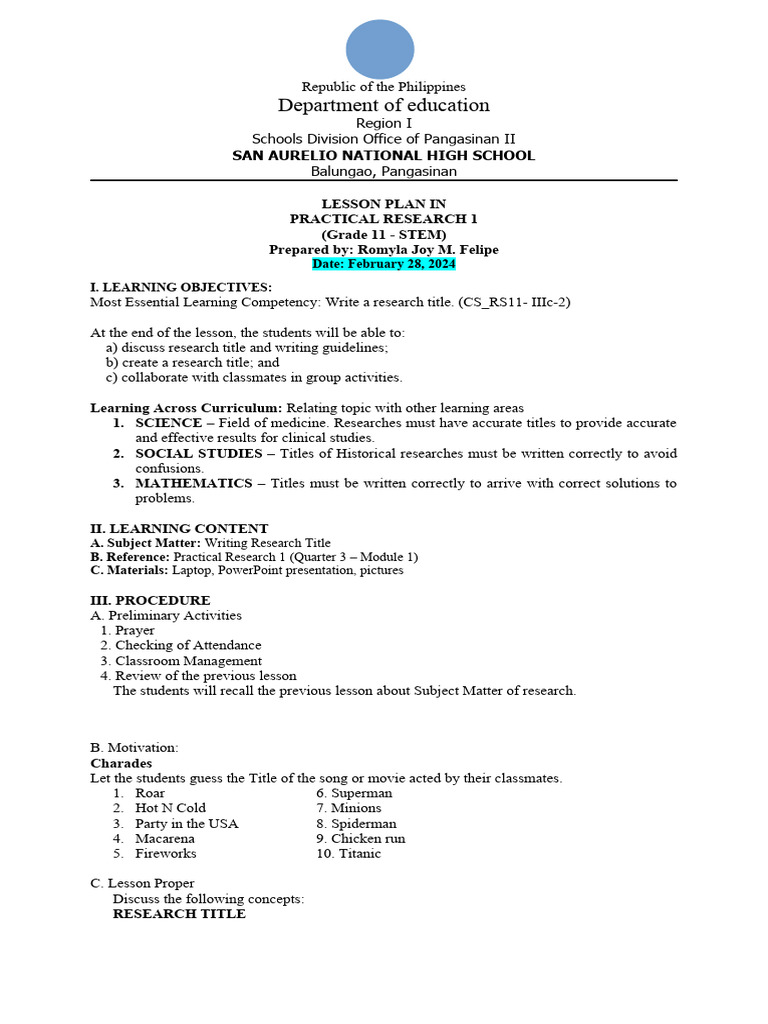 Lesson Plan in Practical Research 1 (Writing Research Titles) | PDF ...