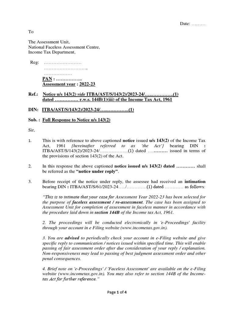 Draft reply to notice 143(2) (AY 2022-23) | PDF | Tax Deduction ...