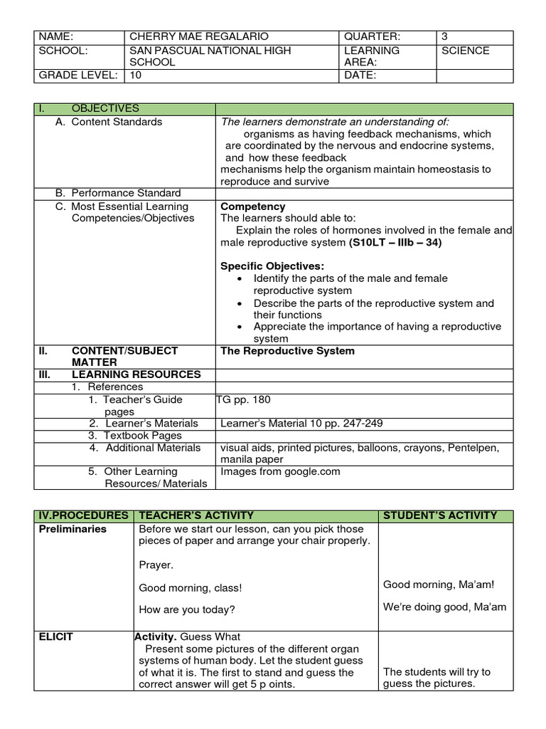 Grade 10 Reproductive System Lesson Plan | PDF | Reproductive System ...