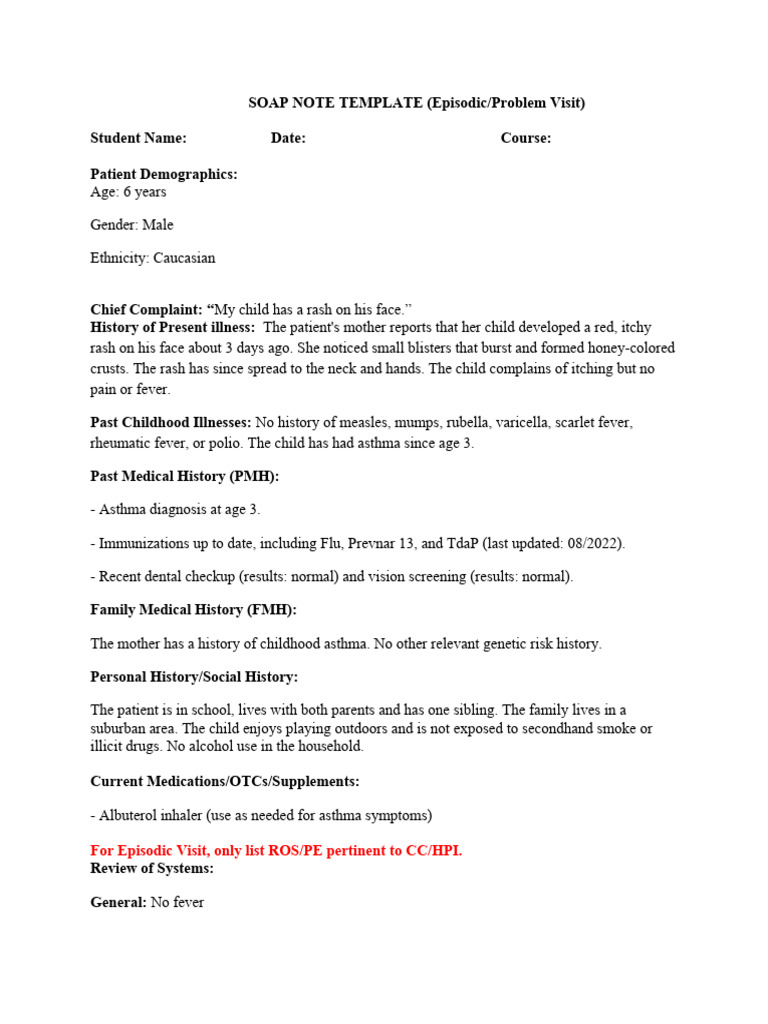 PEDIATRIC Episodic-Problem SOAP - Edited | PDF | Asthma | Influenza