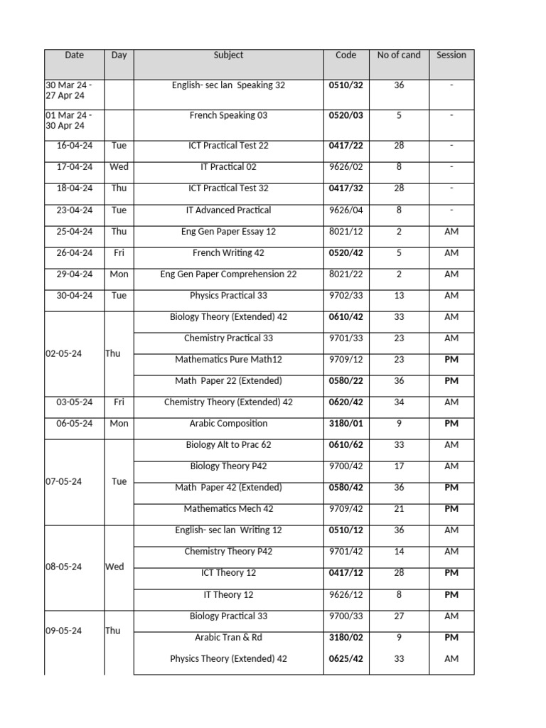 Cambridge Final time table May-June 2024 | PDF | Natural Sciences | Physical Sciences