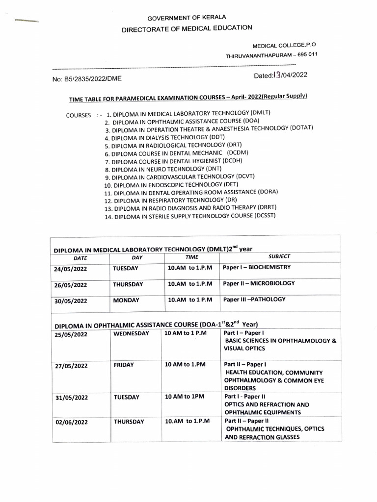 Paramedical Examination Time Table April 2022 13 04 2022 | PDF ...