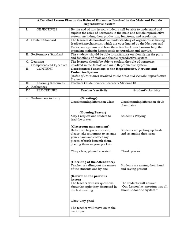 Detailed Lesson Plan in Male&Female Reproductive System | PDF ...