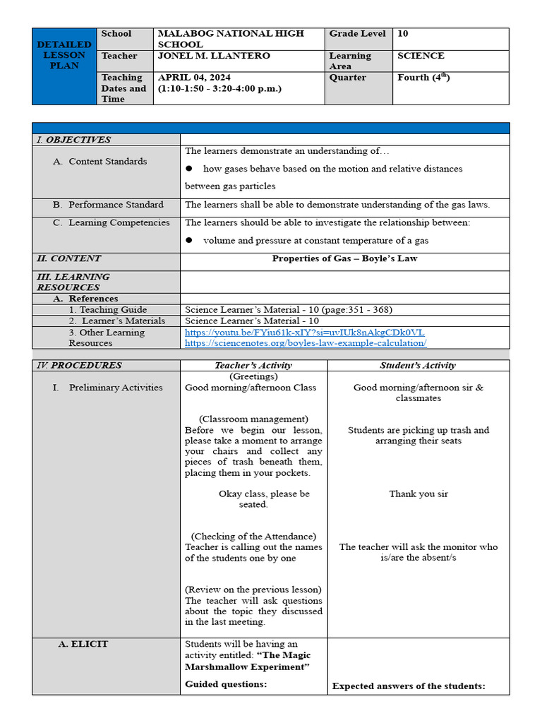 Detailed Lessson Plan in Properties of Gases - Boyle's Law | PDF ...