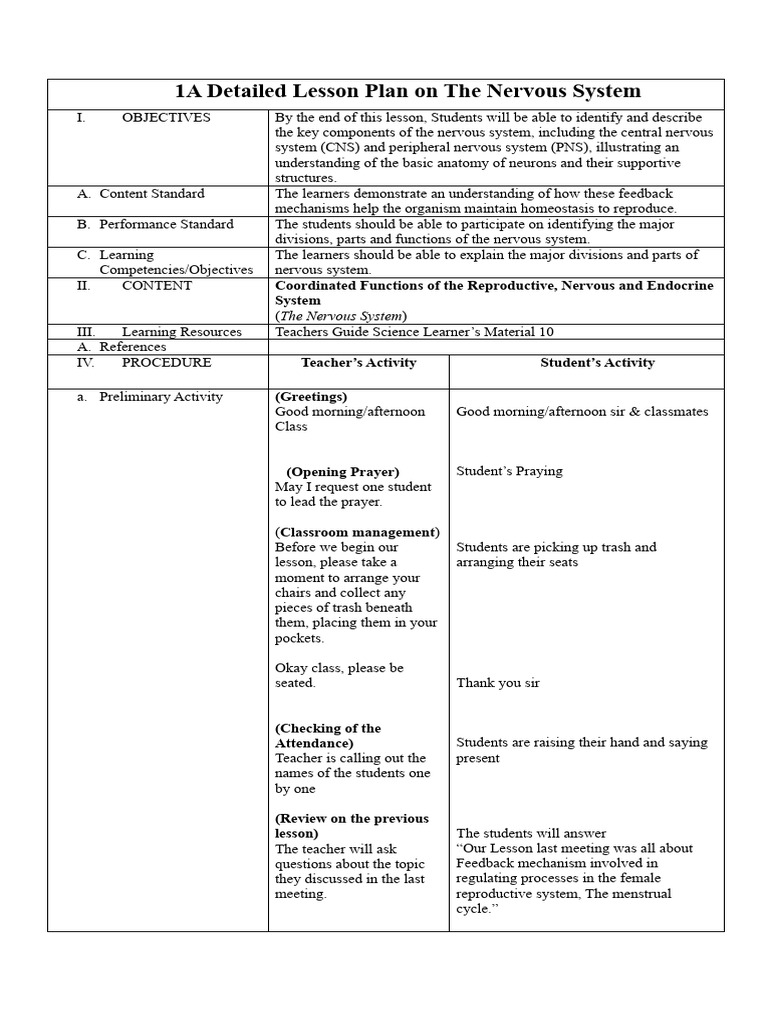 Detailed Lesson Plan in Nervous System | PDF | Central Nervous System ...
