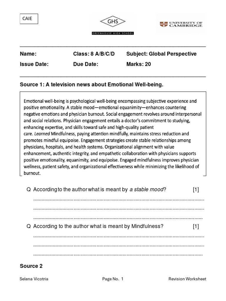 Global Perspectives Revision Worksheet | PDF | Cognitive Science ...