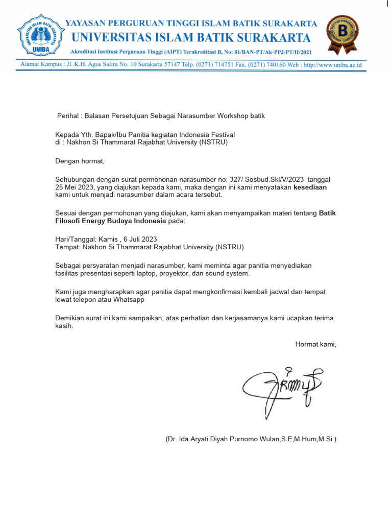 Surat Balasan Permohonan Narasumber | PDF