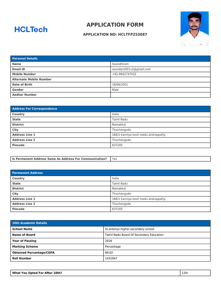 HCLTech Application Form Details | PDF