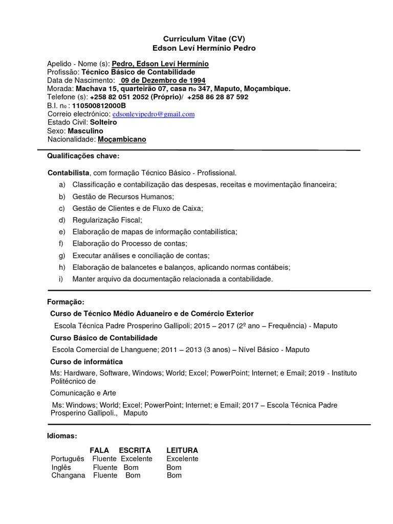CV de Edson Leví Hermínio Pedro | PDF | Contabilidade