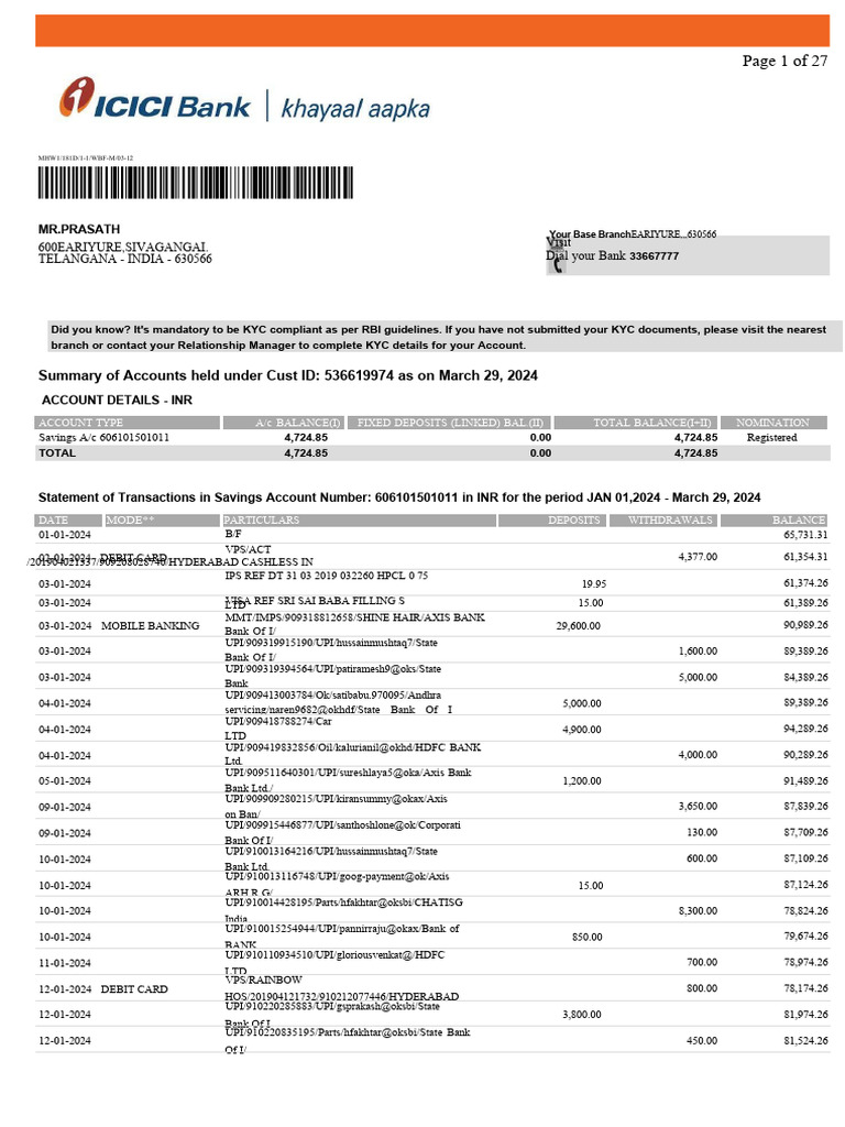 Icici Prasath Statement | PDF | Banks | Debit Card