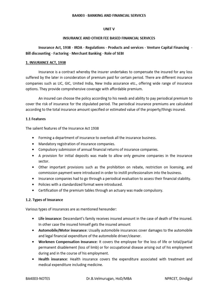 Bfs - Unit v Short Notes | PDF | Factoring (Finance) | Insurance