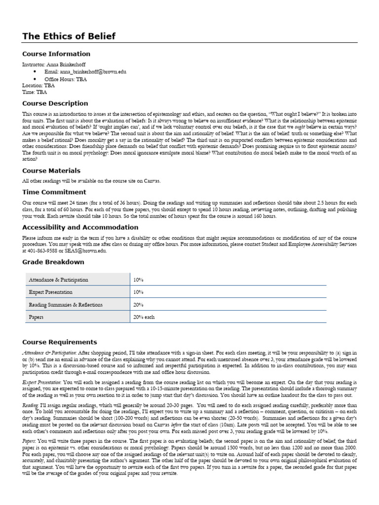 Ethics of Belief Sample Syllabus | PDF | Epistemology | Rationality Ethics of Belief Sample Syllabus | PDF | Epistemology | Rationality