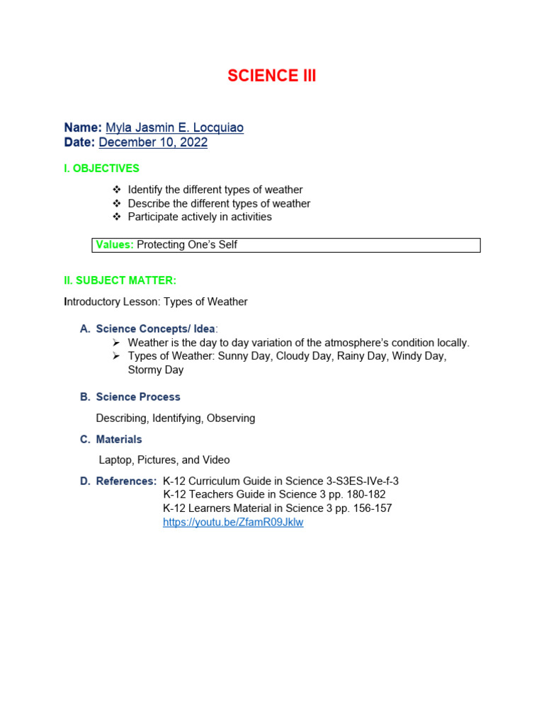 Demo Teaching Lesson Plan Grade 3 | Download Free PDF | Cloud | Sky