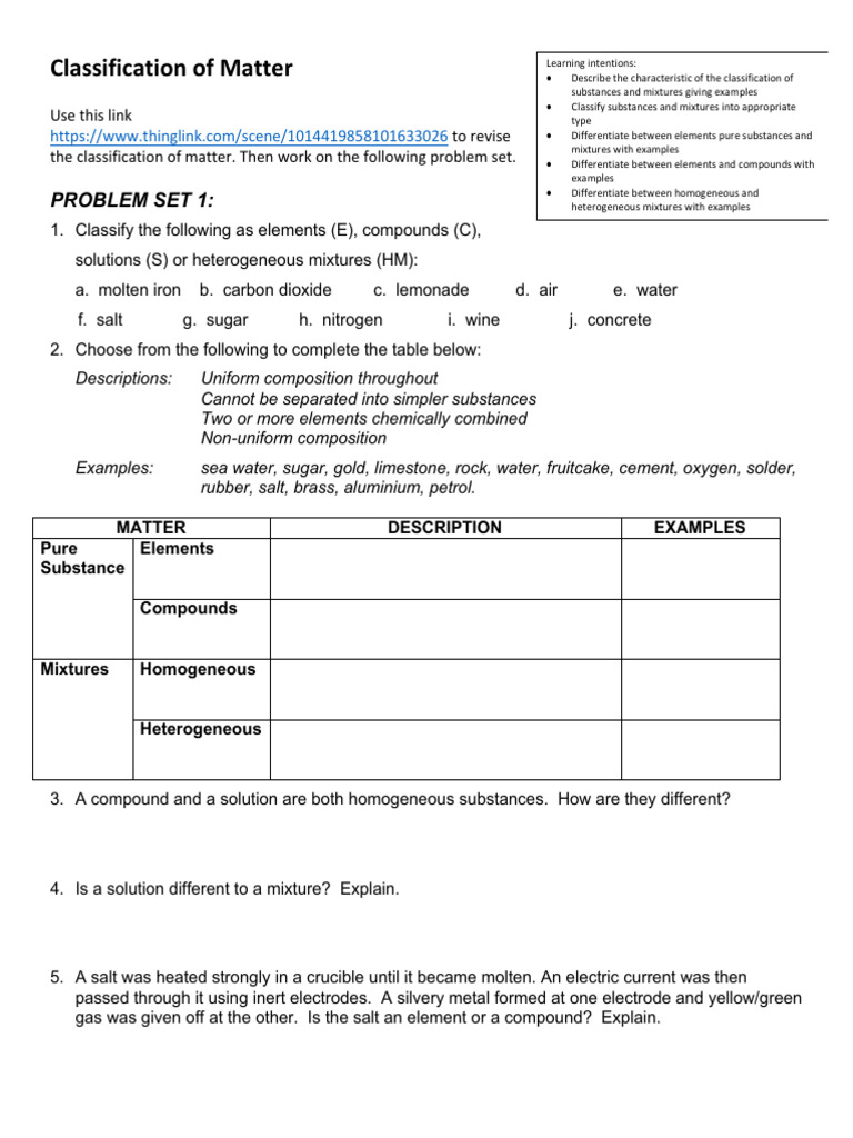 1.6 Classification of Matter Handout | PDF | Mixture | Atoms