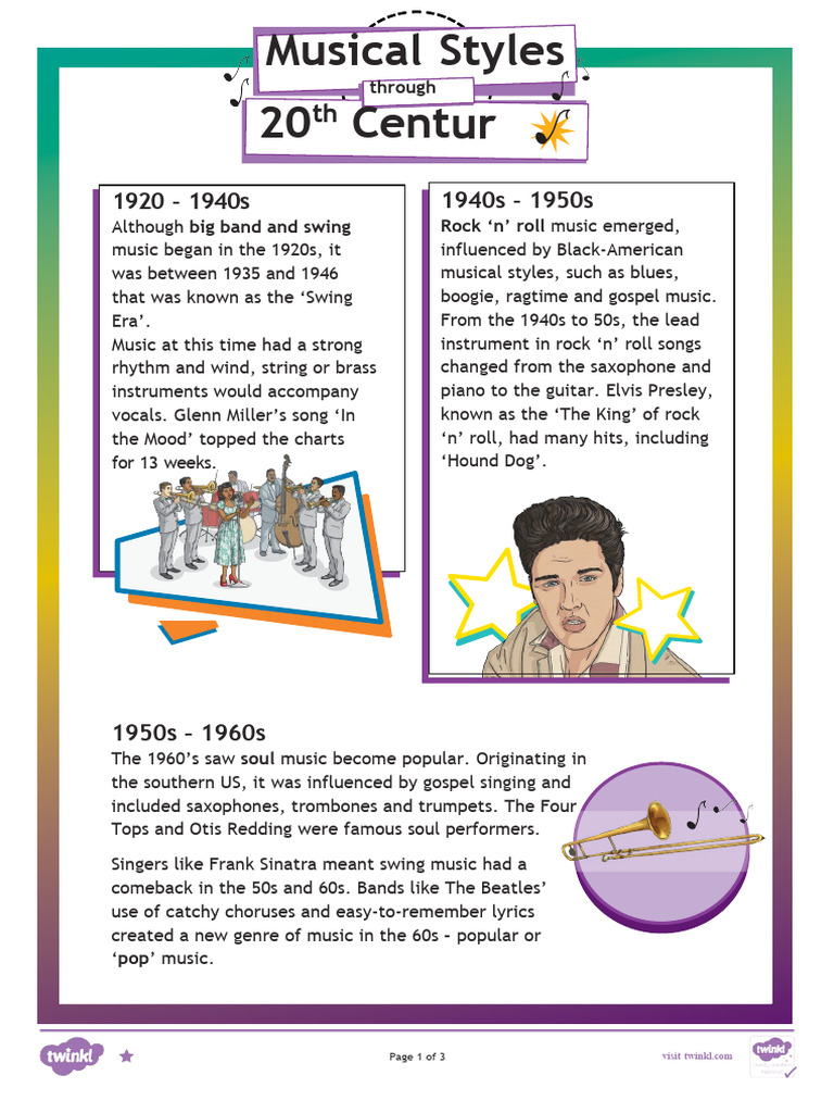 Musical Styles of The 20th Century Comprehension Worksheet | Download ...