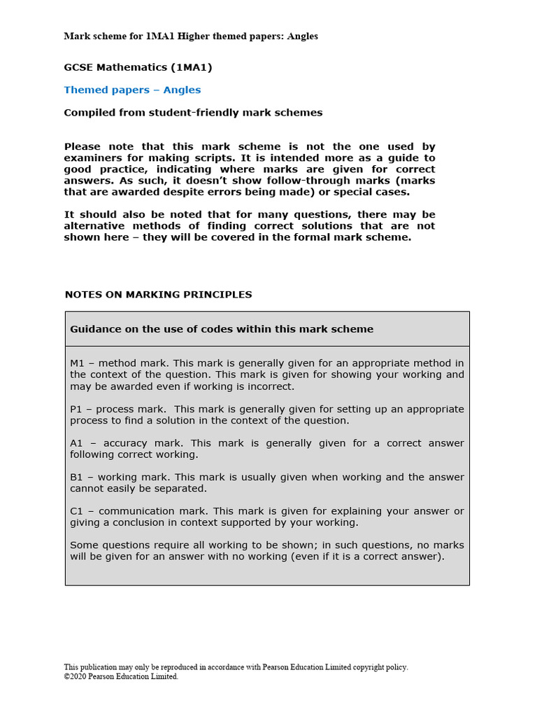 03b Angles H Mark Scheme | PDF | Teaching Methods & Materials