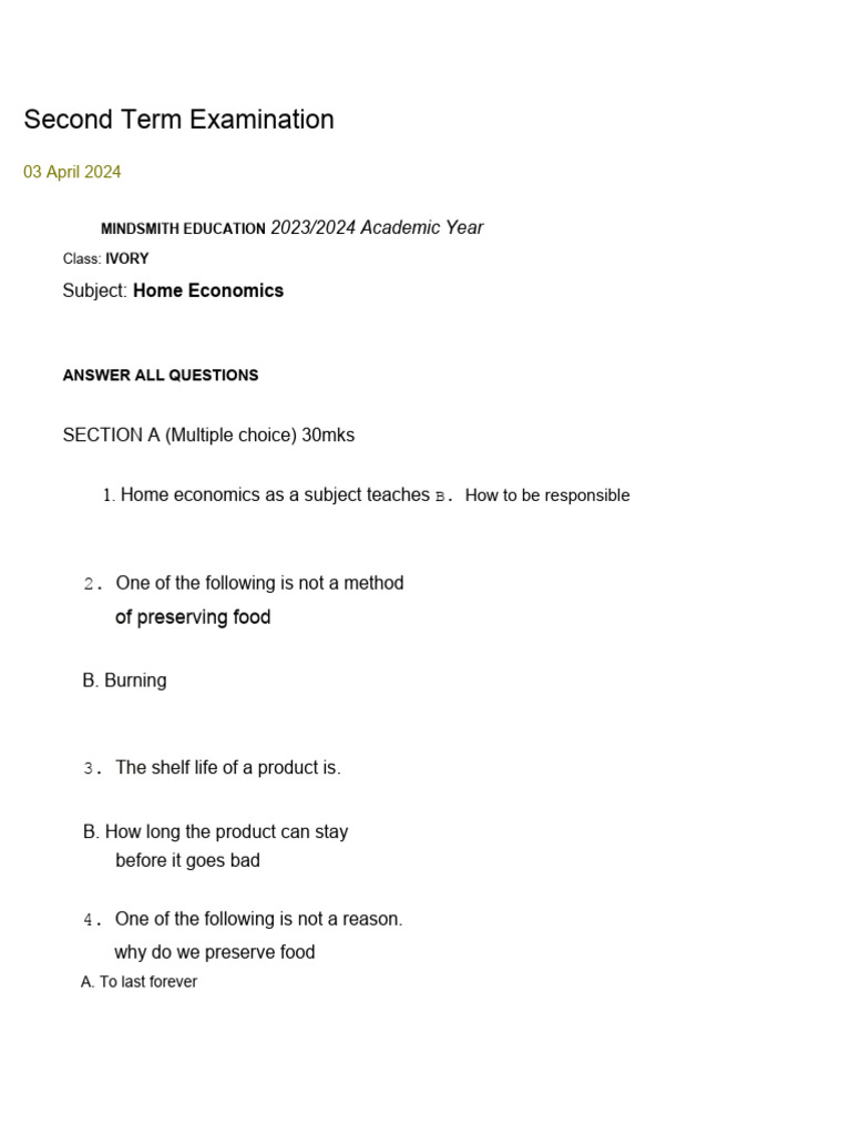 Second Term Examination | PDF | Food Preservation