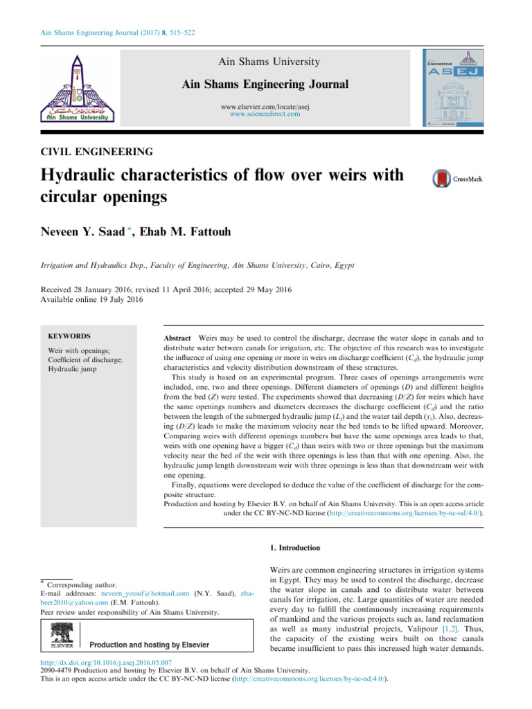 Hydraulic Characteristics of Flow Over Weirs With 2017 Ain Shams ...