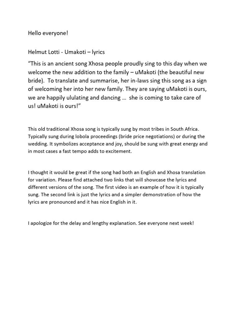 Helmut Lotti's Umakoti Lyrics Explained | PDF
