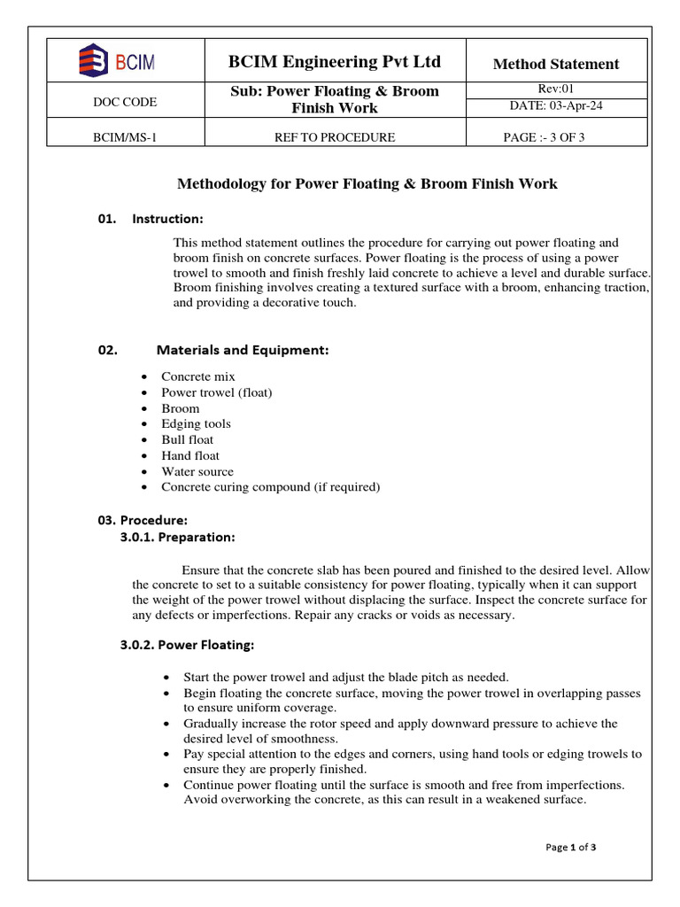 1 Method Statement For Power Float & Broom Finish | PDF | Concrete ...