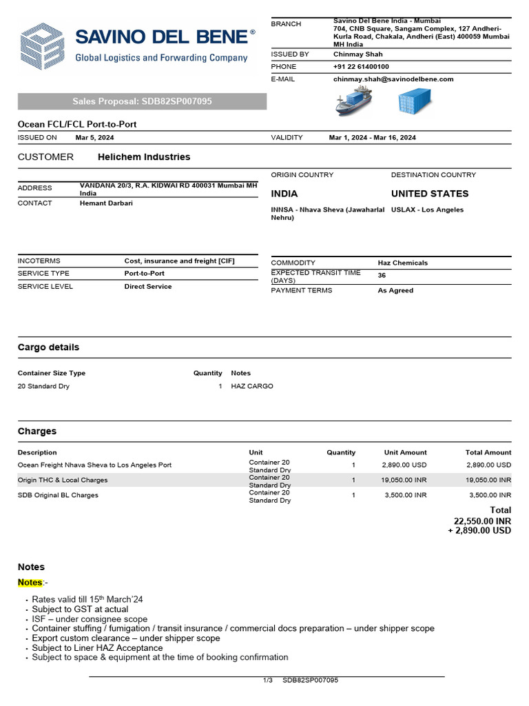 Savino Del Bene Mumbai Shipping Proposal | PDF | Legal Liability | Cargo