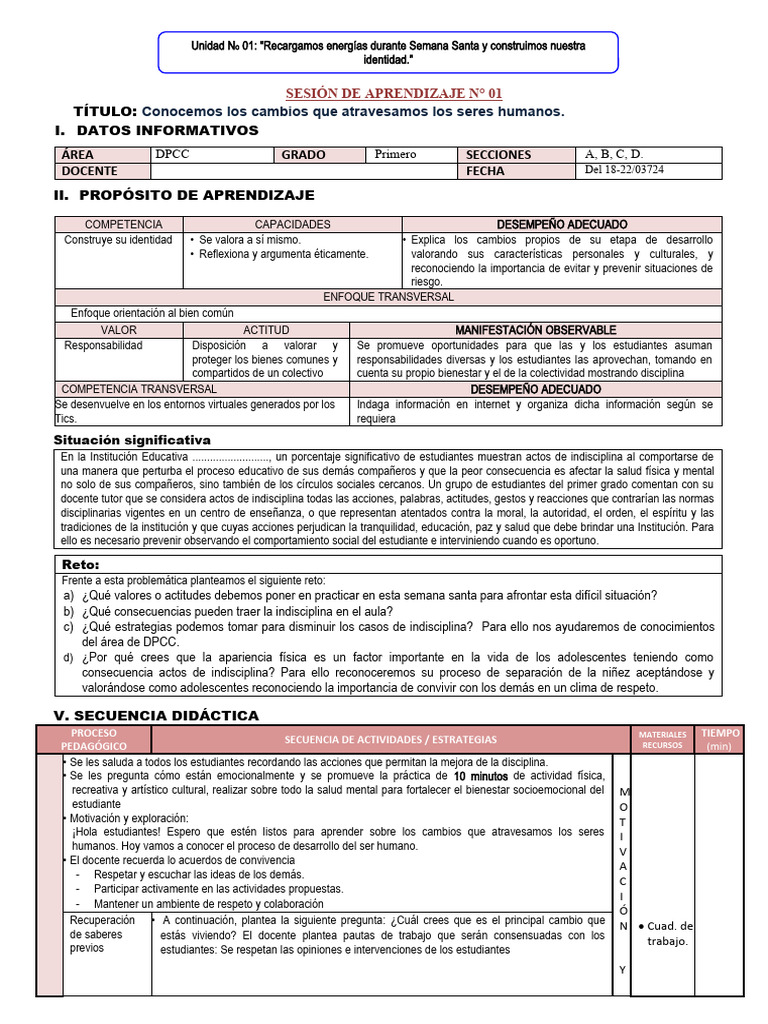 Sesión 1 - Unidad 1 - DPCC 1° | PDF | Pubertad | Aprendizaje