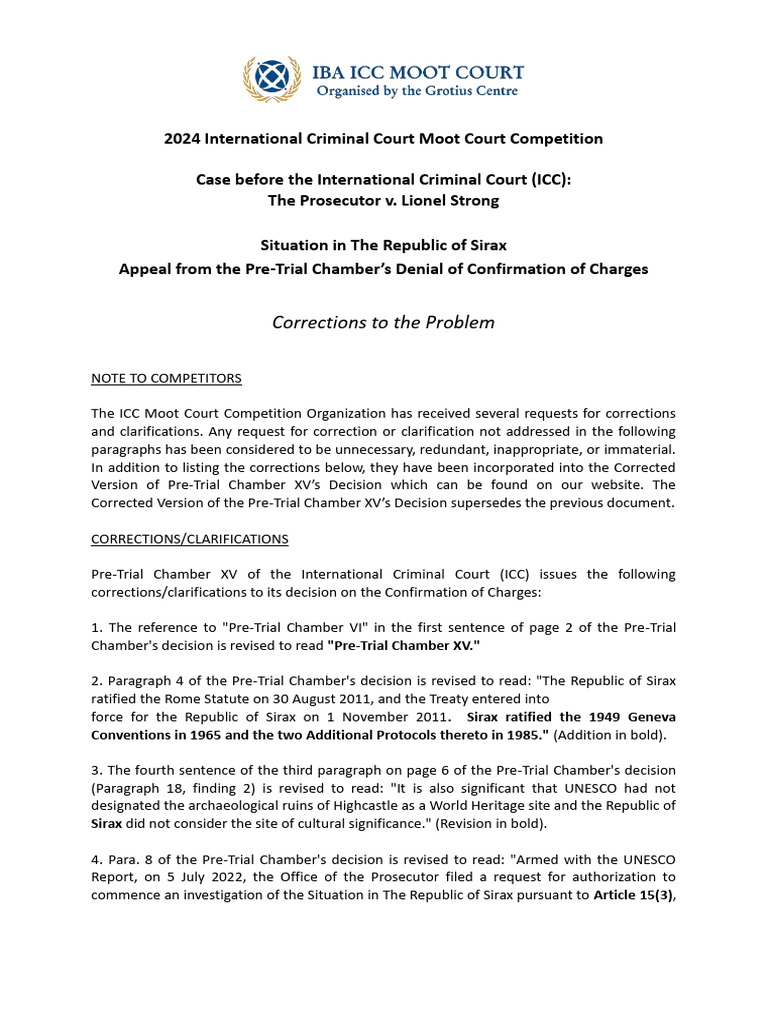 Corrections and Clarifications - IBA ICC Moot Court Problem 2024 | PDF ...