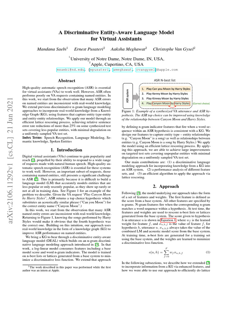 A Discriminative Entity-Aware Language Model For Virtual Assistants | PDF | Speech Recognition ...