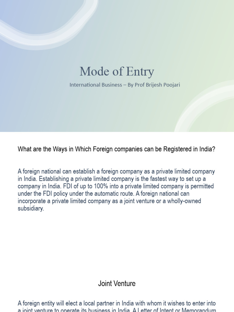 Mode of Entry | PDF | Joint Venture | Reserve Bank Of India