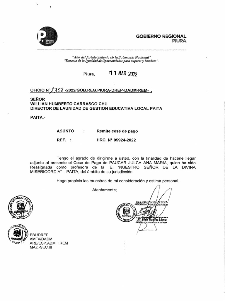Oficio #1358-2022 Cese de Pago Paucar Julca Ana Maria | PDF