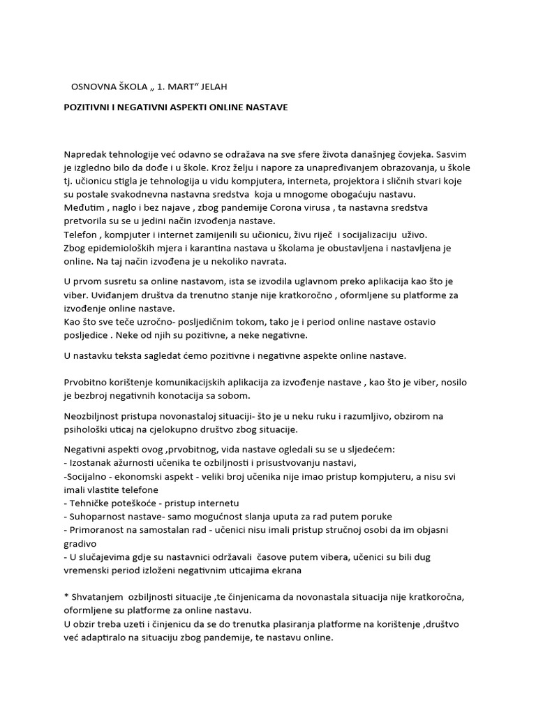 Pozitivni I Negativni Aspekti Online Nastave | PDF
