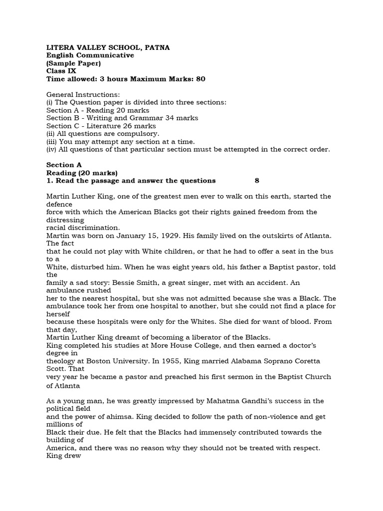 Class 9 Sample Paper | PDF | Nonviolence | Over The Counter Drug