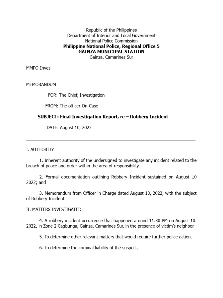 Final Investigarion Report | PDF | Robbery | Crimes