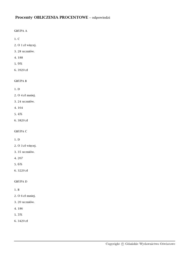 Procenty Obliczenia Procentowe Odpowiedzi Pdf