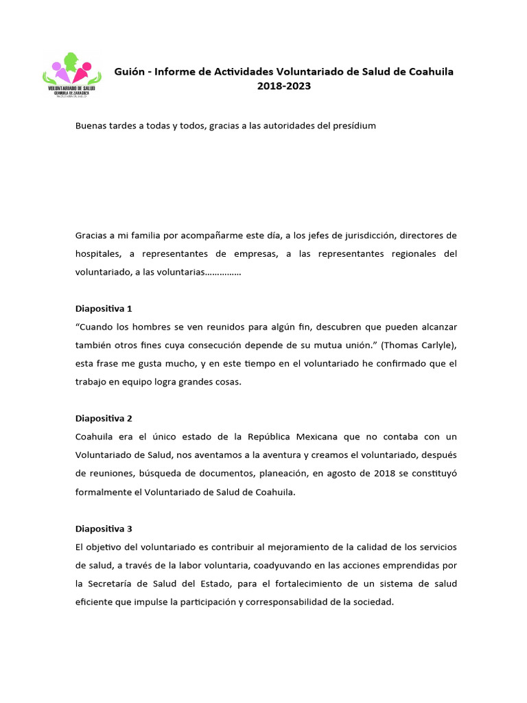 Guion Informe Voluntariado | PDF | Hospital | Amamantamiento Guion Informe Voluntariado | PDF | Hospital | Amamantamiento
