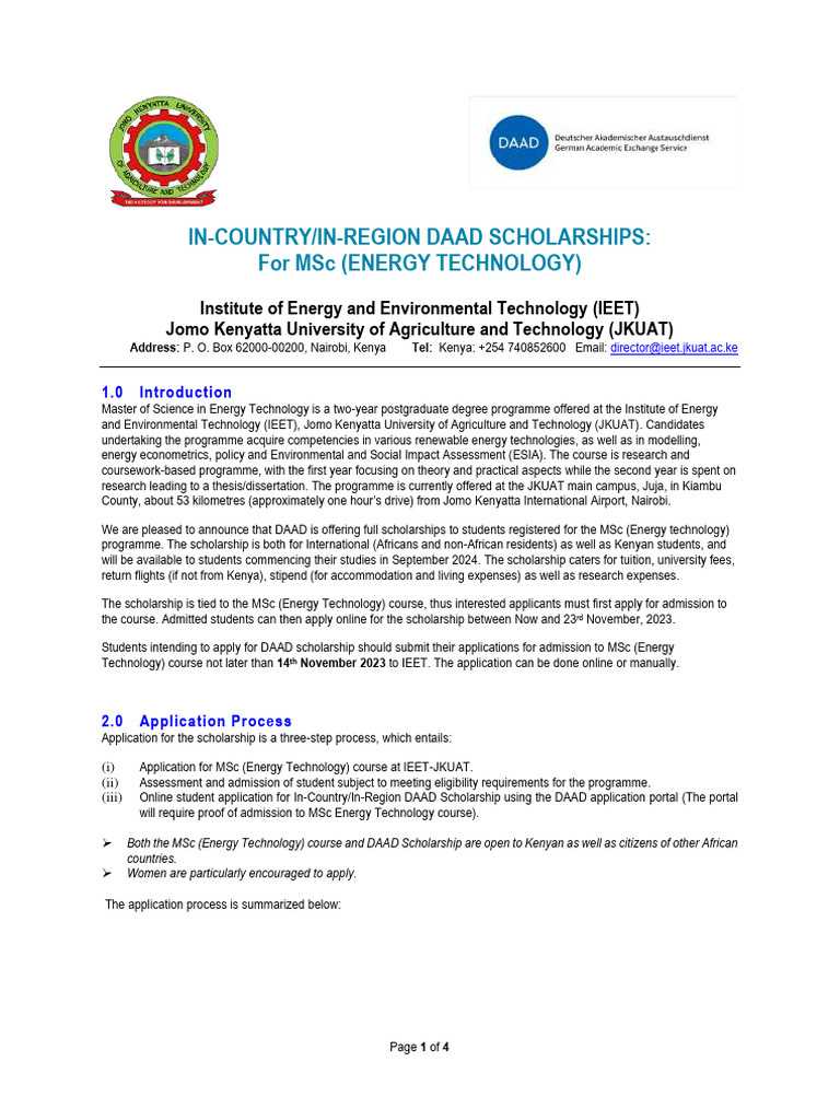 Brochure DAAD Scholarship For MSC Energy Technology IEET JKUAT 19102023 | PDF | Bachelor Of ...