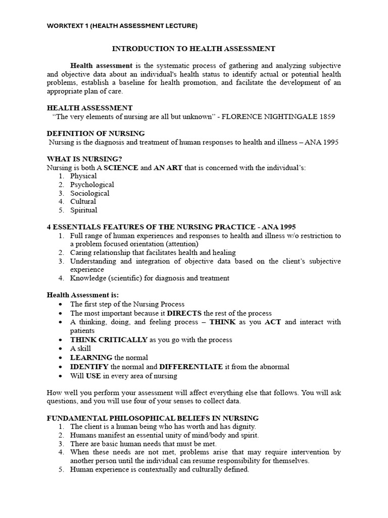 HA LEC 01 Introduction To Health Assessment | PDF | Nursing | Health Care