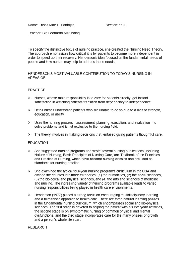 Henderson's Most Valuable Contribution To Today's Nursing in Areas of ...