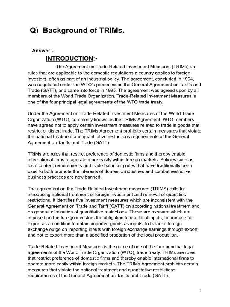 Q) Background of TRIMs | PDF | World Trade Organization | Business