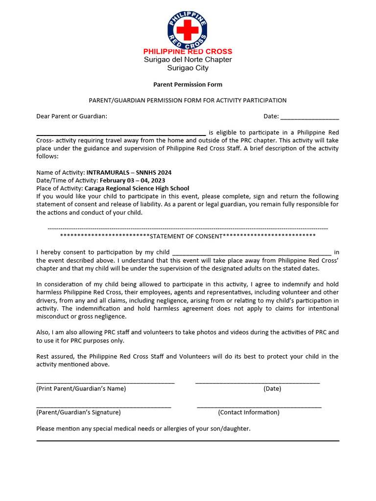 Intrams Parental Consent | PDF | Indemnity | Private Law