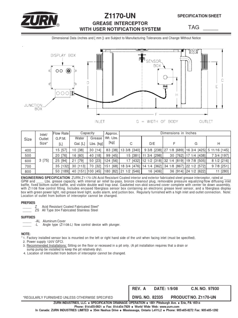 Grease Interceptor With User Notification System: Specification Sheet ...
