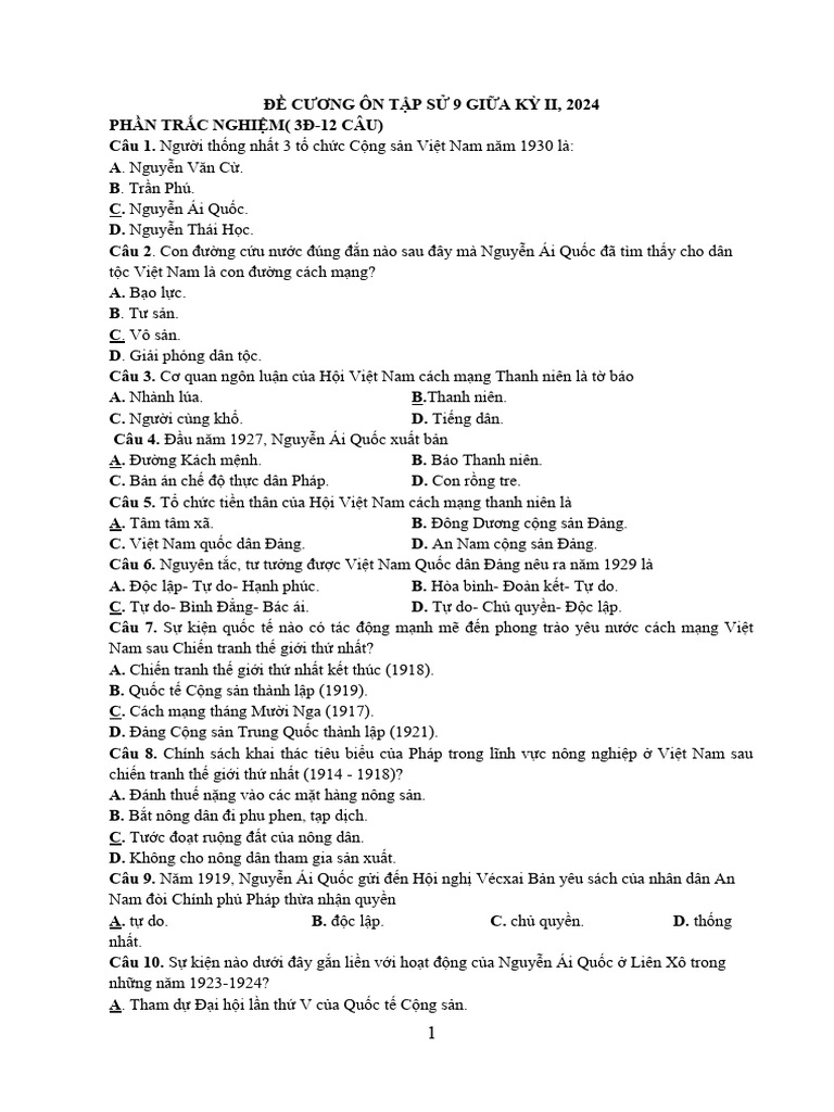 ĐỀ CƯƠNG SỬ 9, GK2, 2024 | PDF