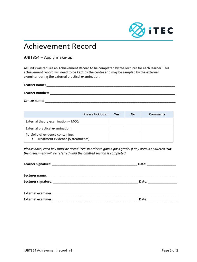 iUBT354 Make-up Achievement Record | PDF