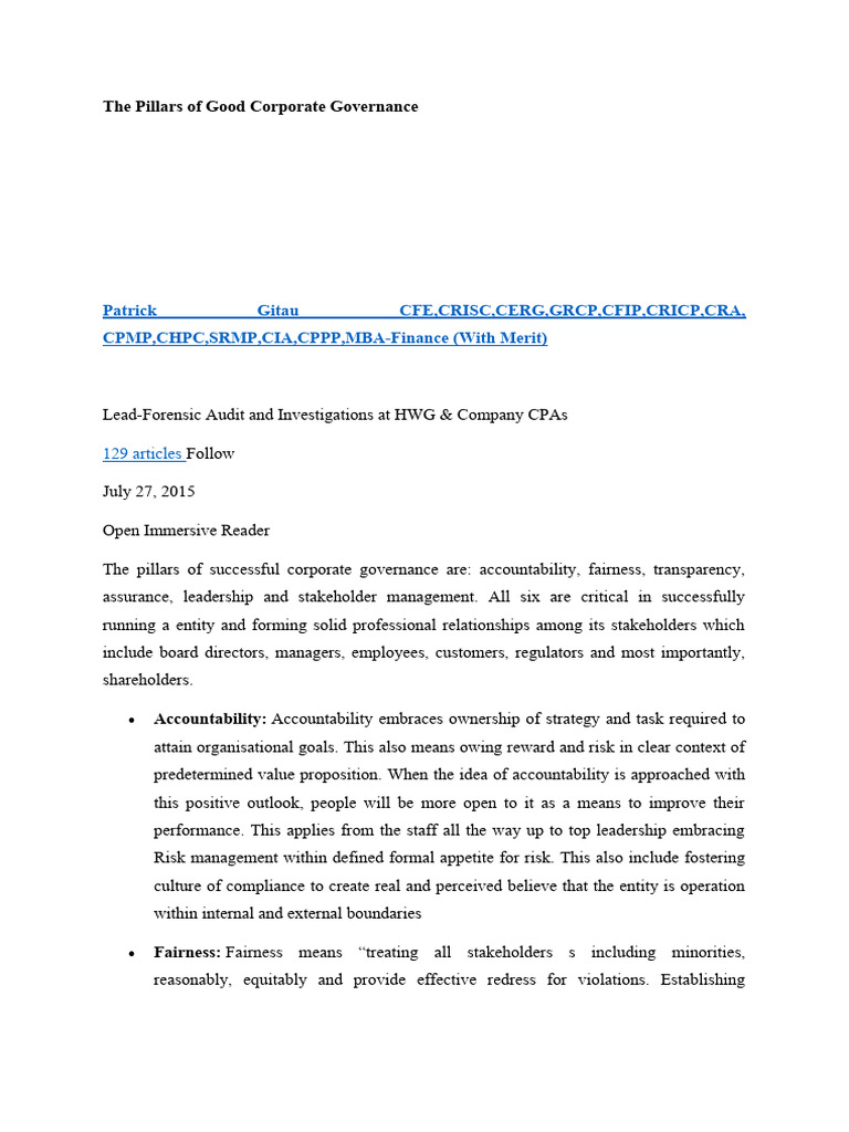 The Pillars of Good Corporate Governance | PDF | Corporate Governance ...