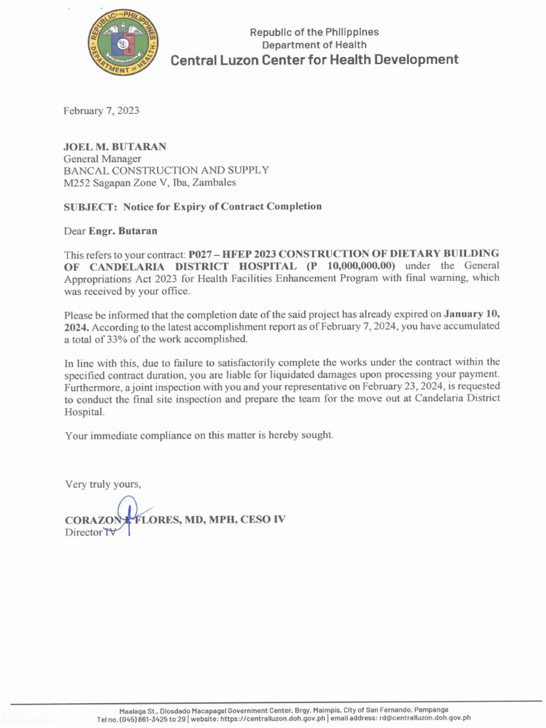 NOTICE FOR EXPIRY OF CONTRACT COMPLETION | PDF