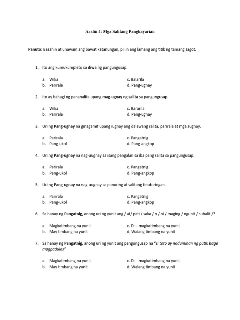 Aralin 4 Pangkayarian NG Salita Pang Ugnay | PDF