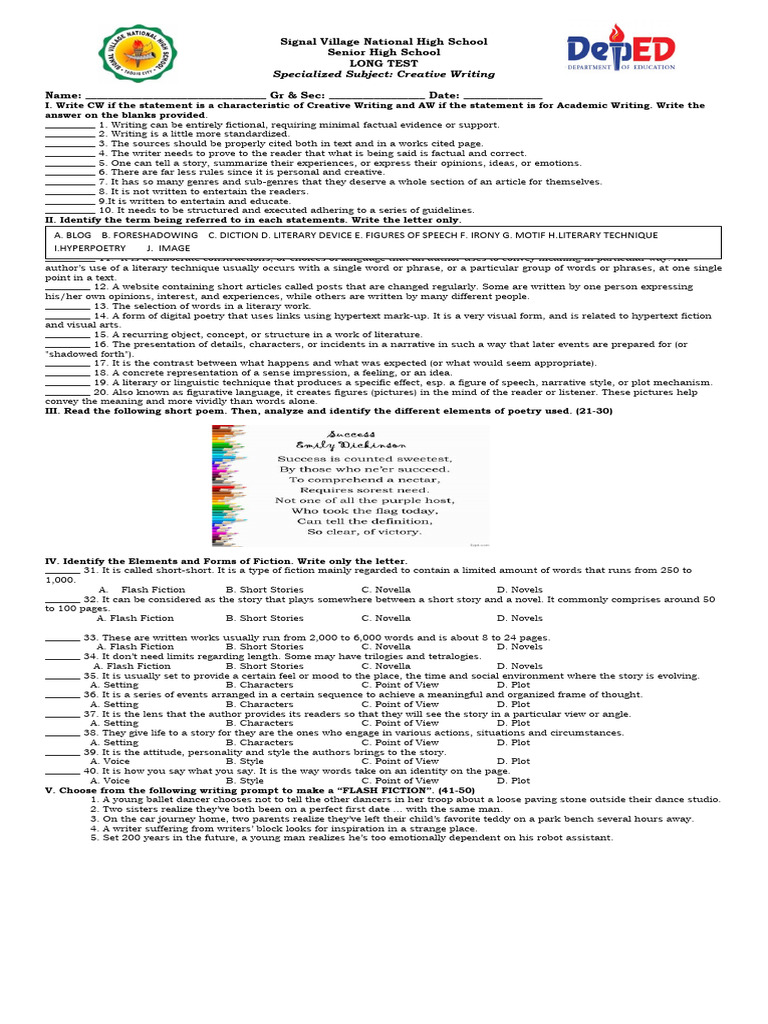 Creative Writing Guidelines Test | PDF | Narration | Narrative