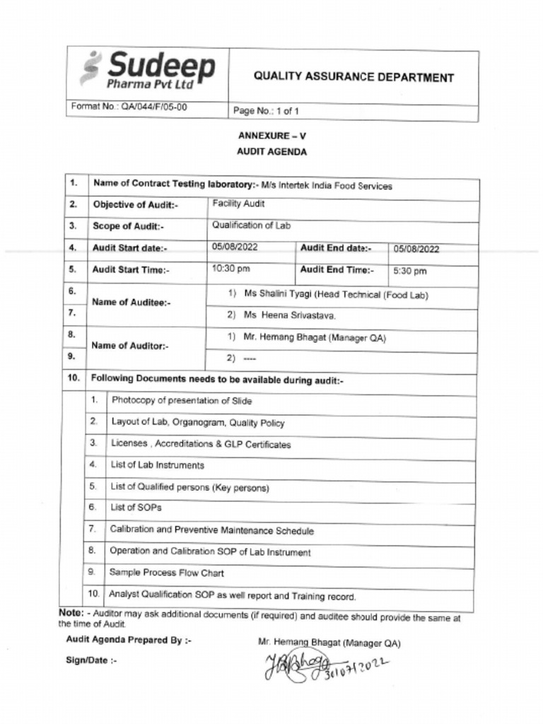 Audit Agenda For Intertek | PDF